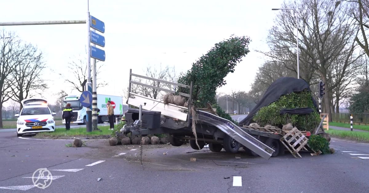 Automobilist valt in slaap en botst op aanhanger, weg bezaaid met planten