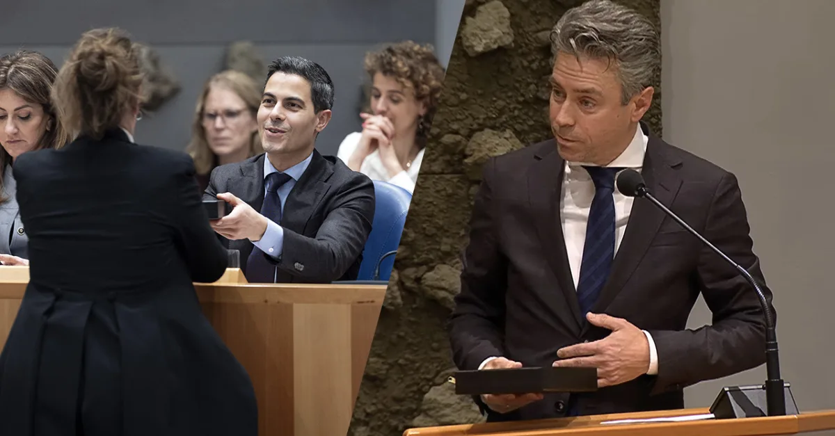 SGP-leider Chris Stoffer geeft nieuwe premier Rob Jetten statenbijbel ...